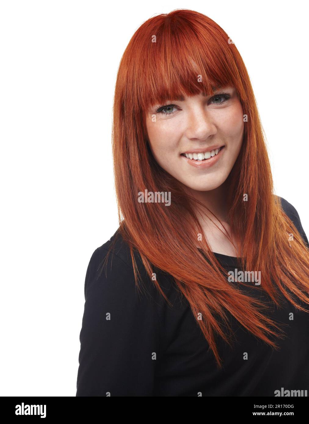 Woman, smile portrait and ginger hair care with happiness and red ...