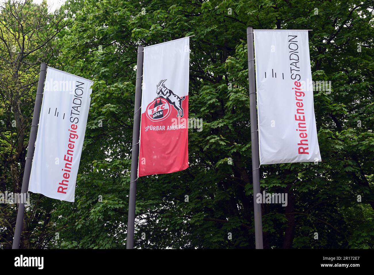 Cologne, Germany. 11th May, 2023. A flag in red and white with the logo ...