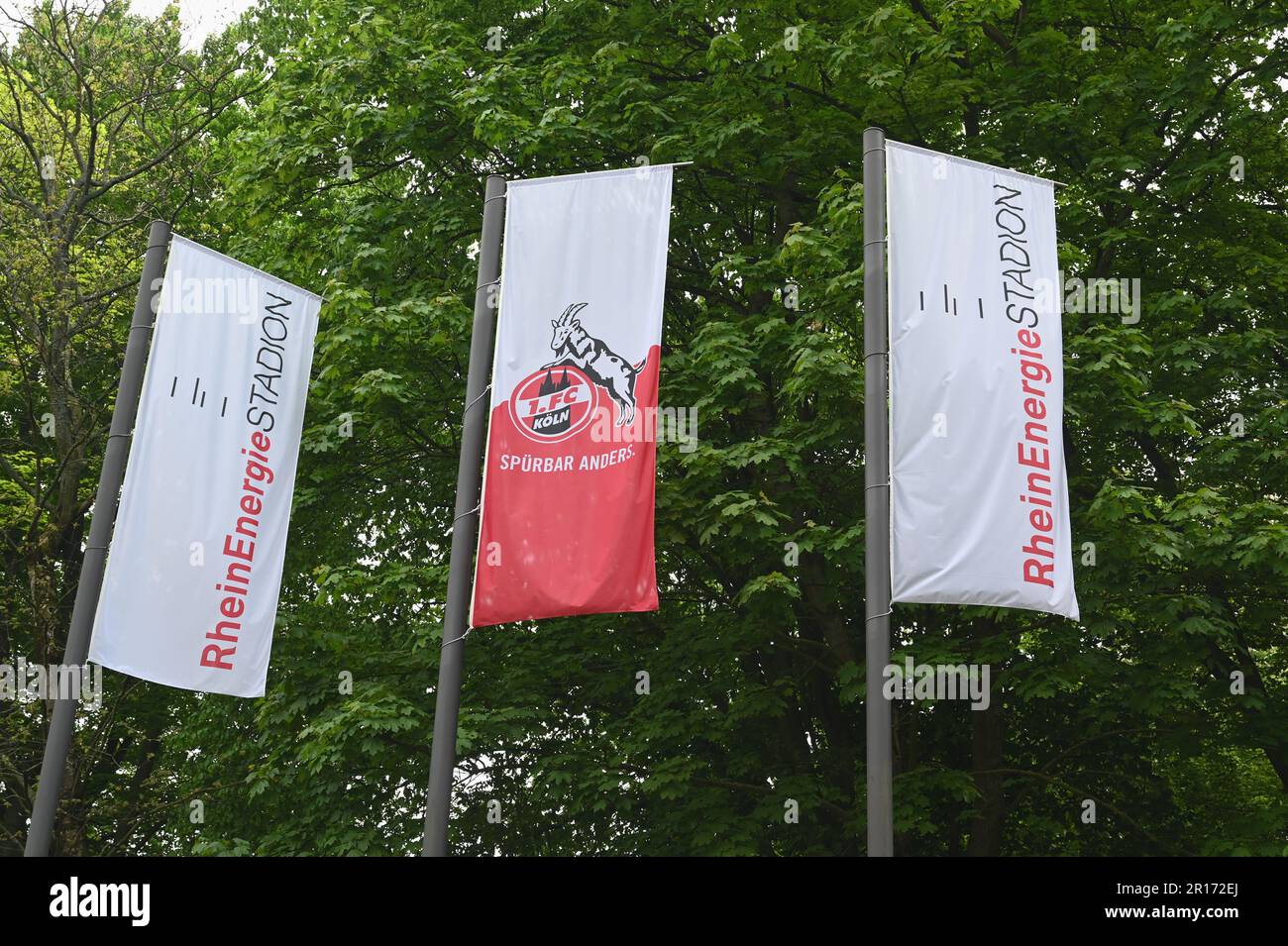 Cologne, Germany. 11th May, 2023. A flag in red and white with the logo ...