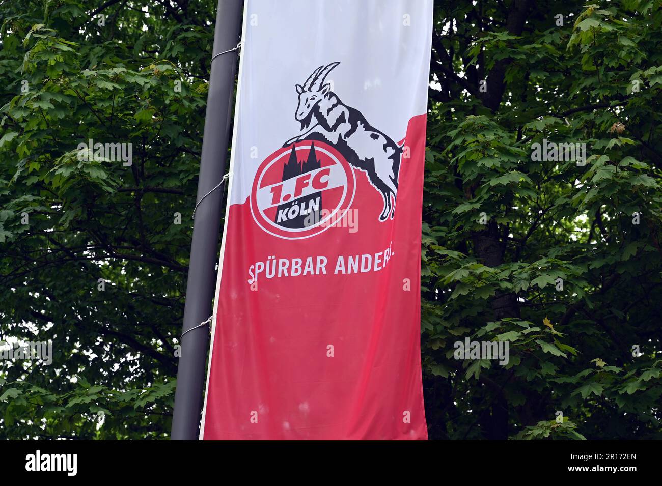 Cologne, Germany. 11th May, 2023. A flag in red and white with the logo ...