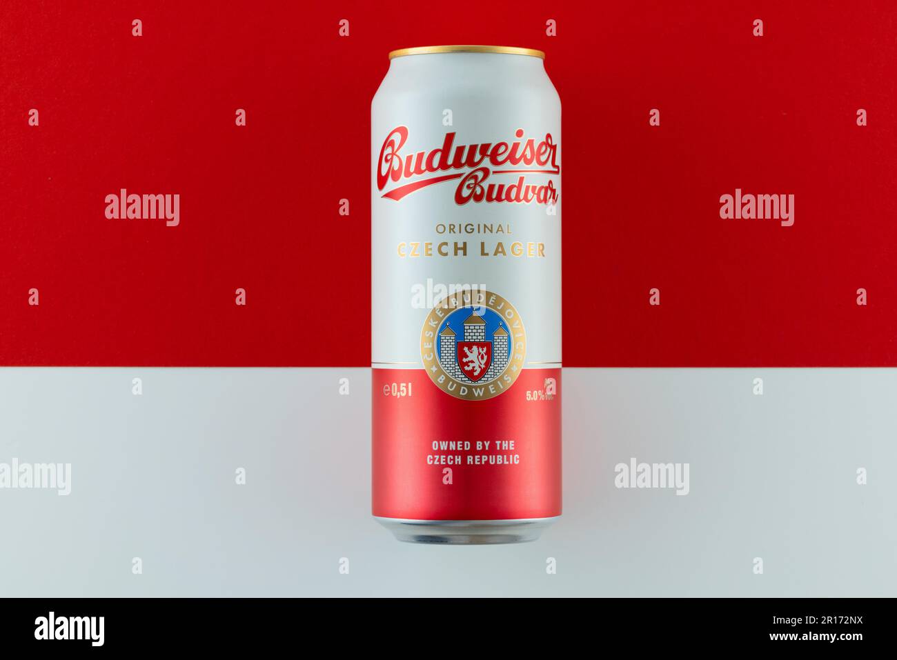 Prague, Czech Republic - 3 May, 2023: Aluminium cold Budweiser Budvar ...