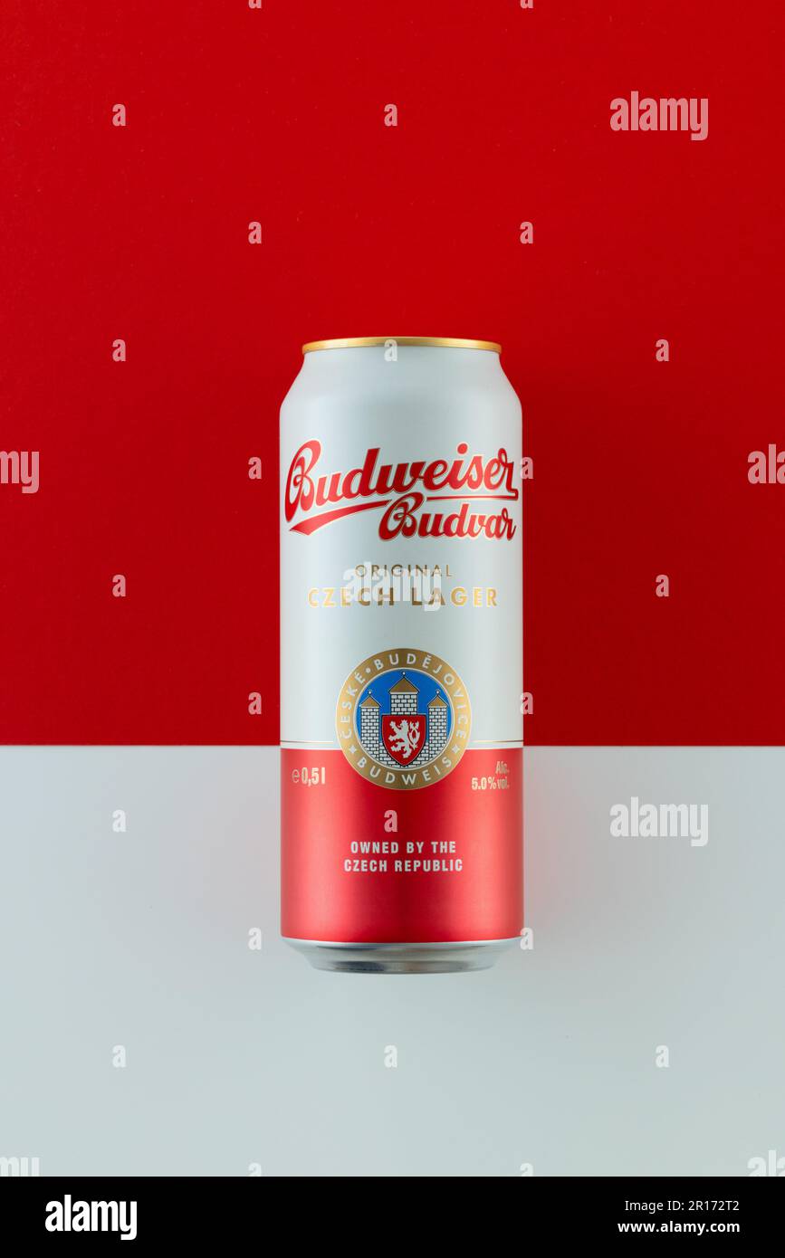 Prague, Czech Republic - 3 May, 2023: Aluminium cold Budweiser Budvar ...