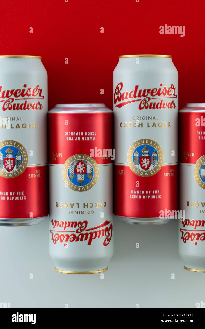 Prague, Czech Republic - 3 May, 2023: Aluminium cold Budweiser Budvar ...