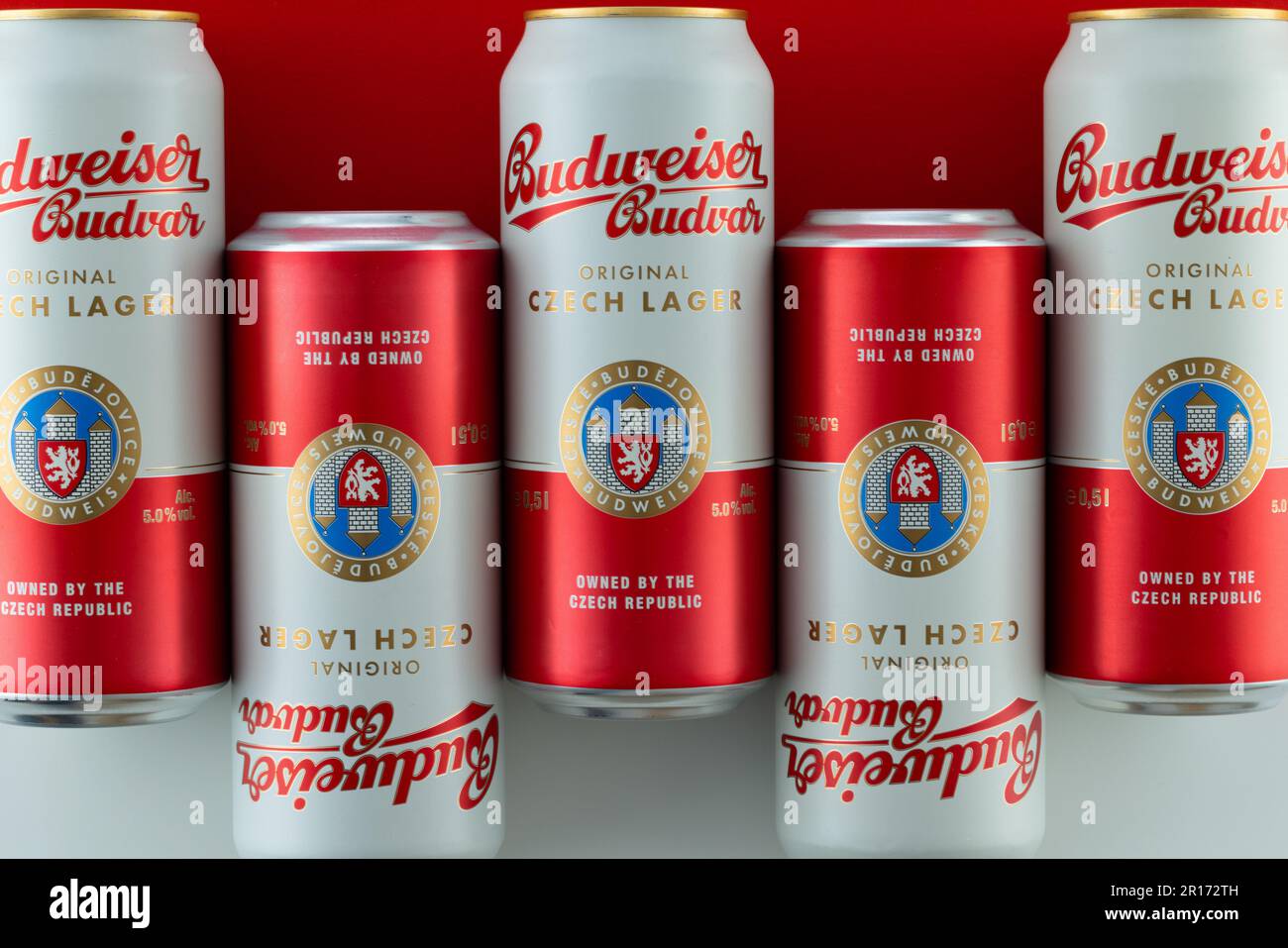 Prague, Czech Republic - 3 May, 2023: Aluminium cold Budweiser Budvar ...