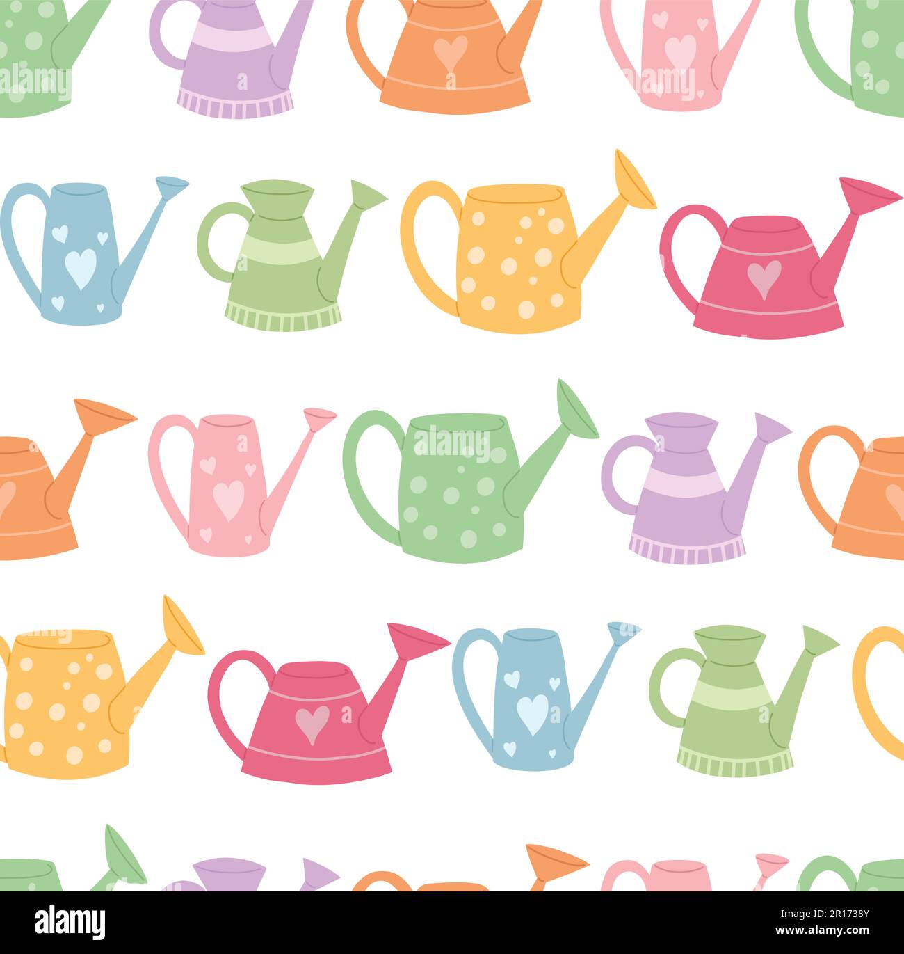 Seamless vector texture with colorful watering cans in a row on a white ...