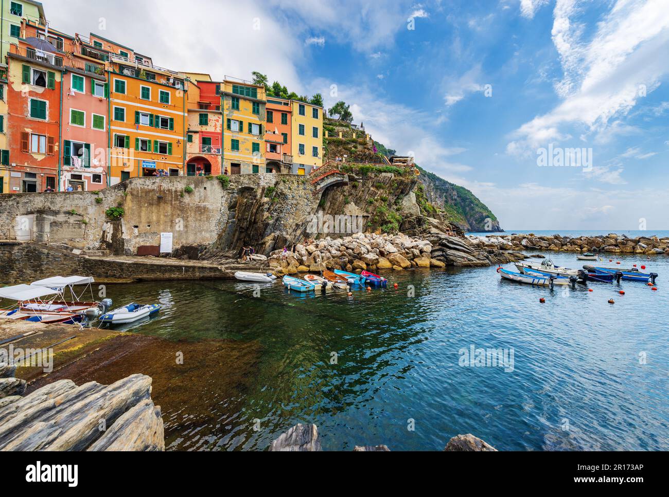 Famous Riomaggiore village, view from the small port, Cinque Terre National Park in Liguria, La ...