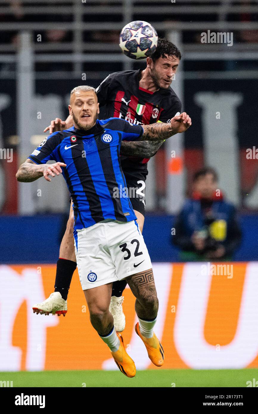 Milan, Italy. 10th May, 2023. Milan, Italy - May 10: Davide Calabria of AC Milan (R) fights for ...