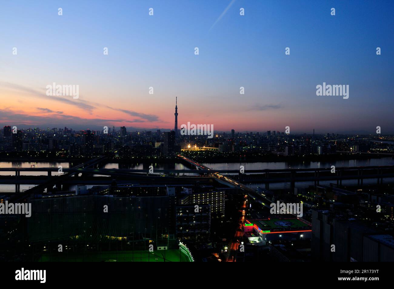 Night view of Tokyo sky tree view from Tower Hall funabori Stock Photo ...