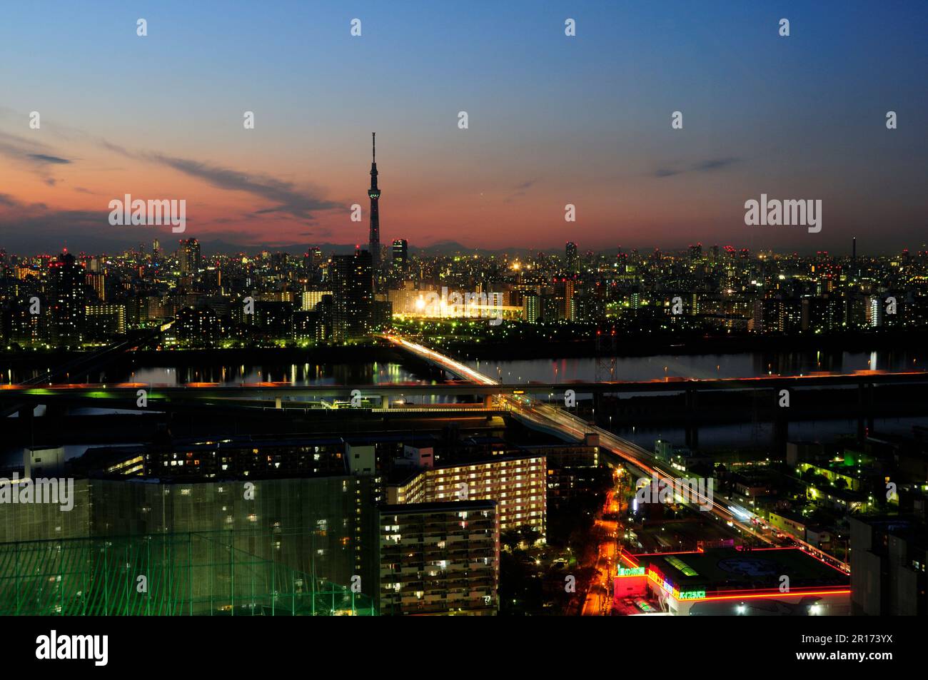 Night view of Tokyo sky tree view from Tower Hall funabori Stock Photo ...