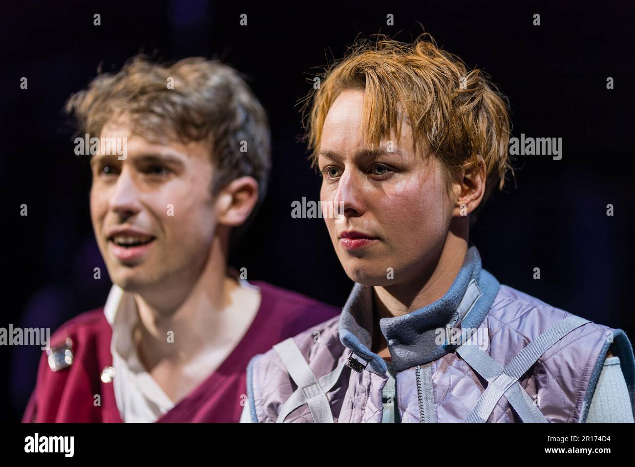 Cottbus, Germany. 10th May, 2023. Actor Torben Appel (Alan) and actress ...