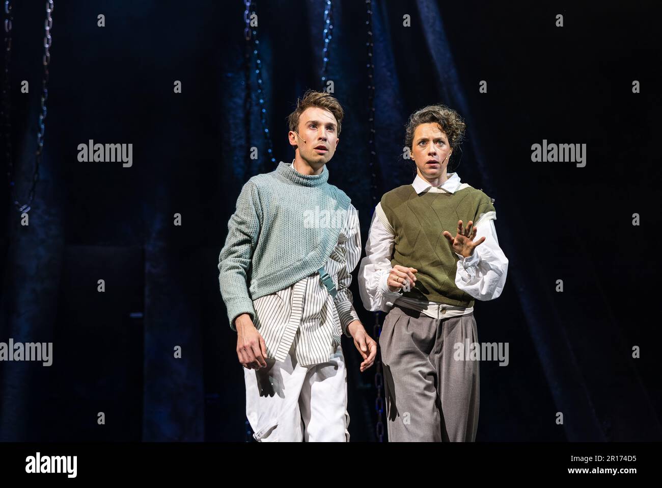 Cottbus, Germany. 10th May, 2023. Actor Torben Appel (Alan) and actress ...