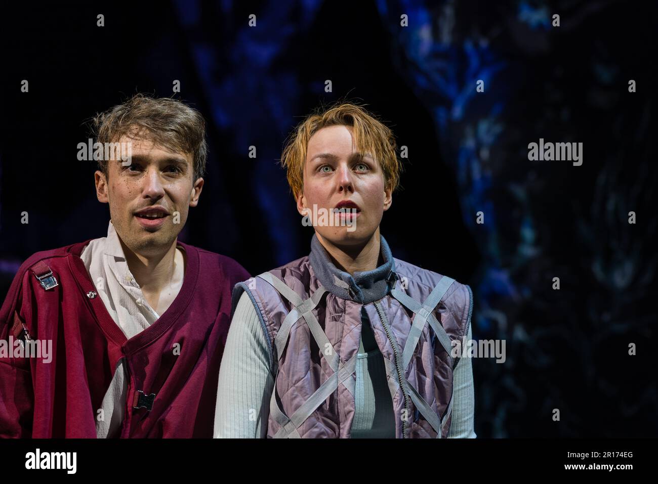 Cottbus, Germany. 10th May, 2023. Actor Torben Appel (Alan) and actress ...