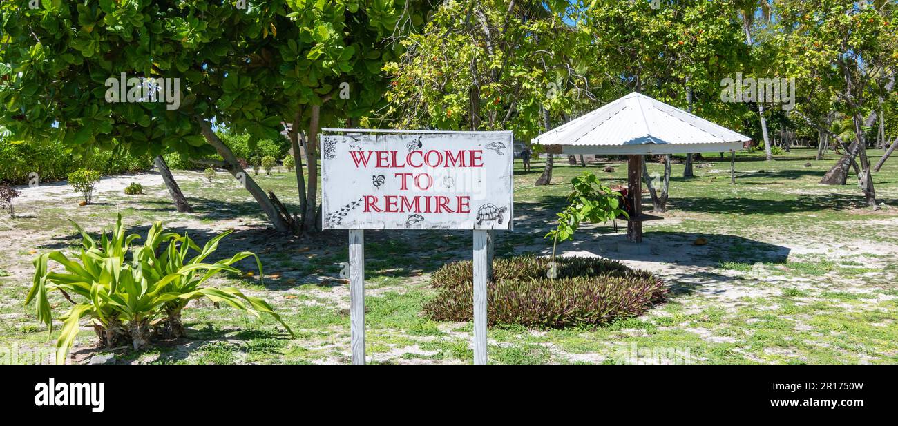 Welcome Sign on Remire Island, Seychelles Stock Photo - Alamy
