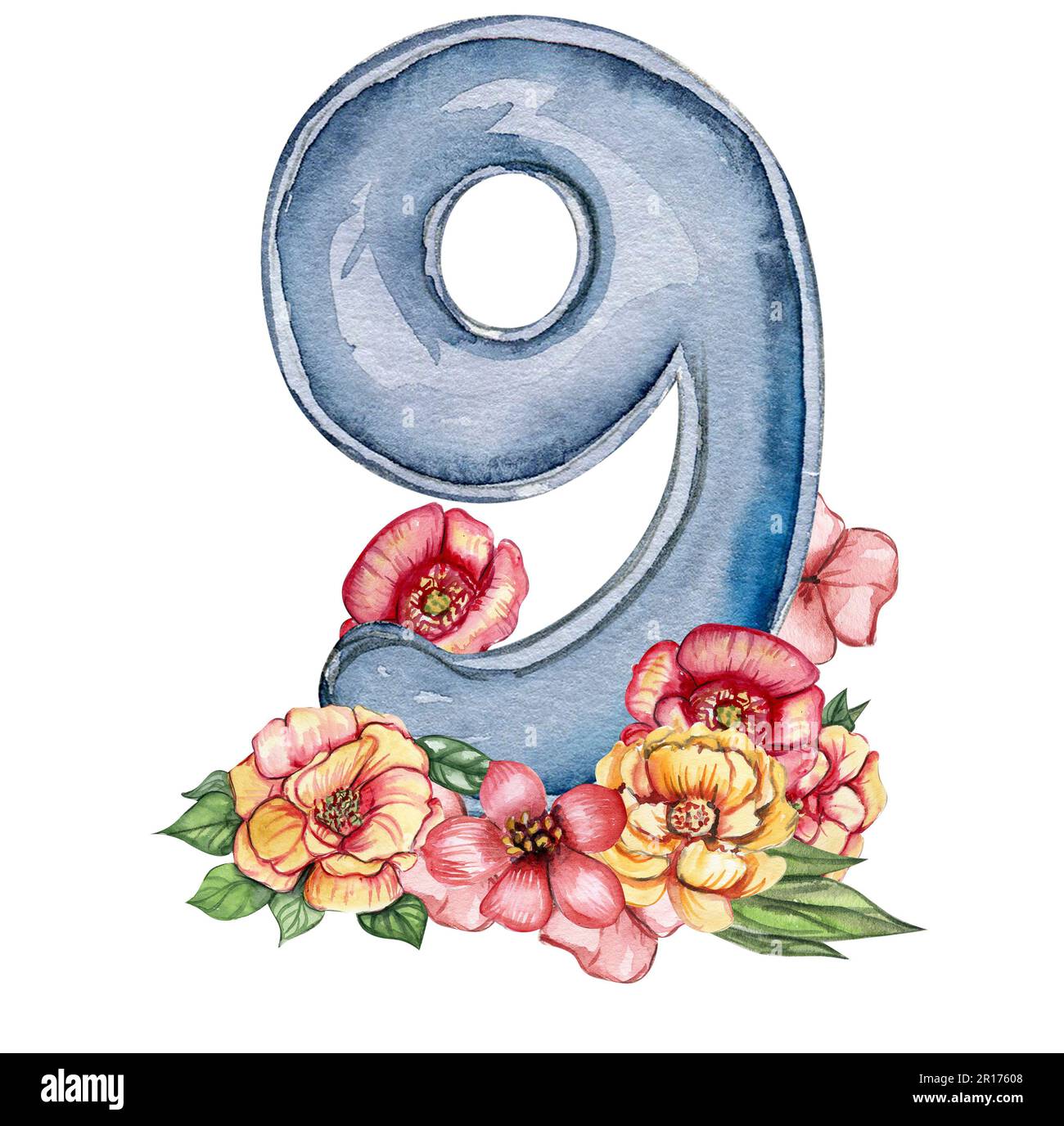 Watercolor hand drawn numbers and flowers composition. Illustration of ...