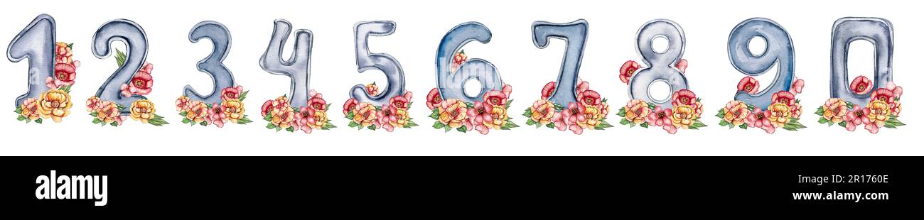 Watercolor hand drawn numbers and flowers composition. Illustration of ...