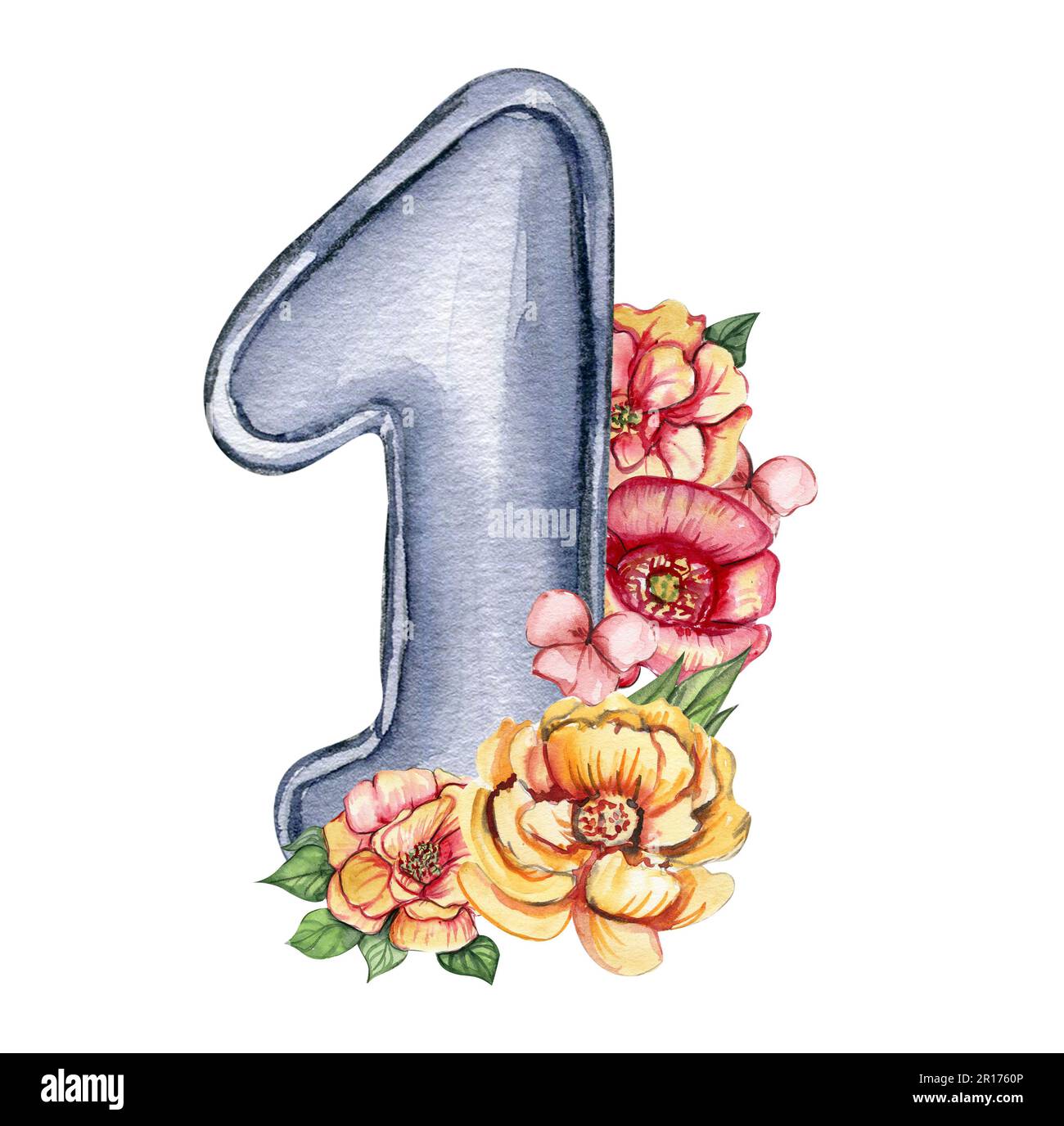 Watercolor hand drawn numbers and flowers composition. Illustration of ...
