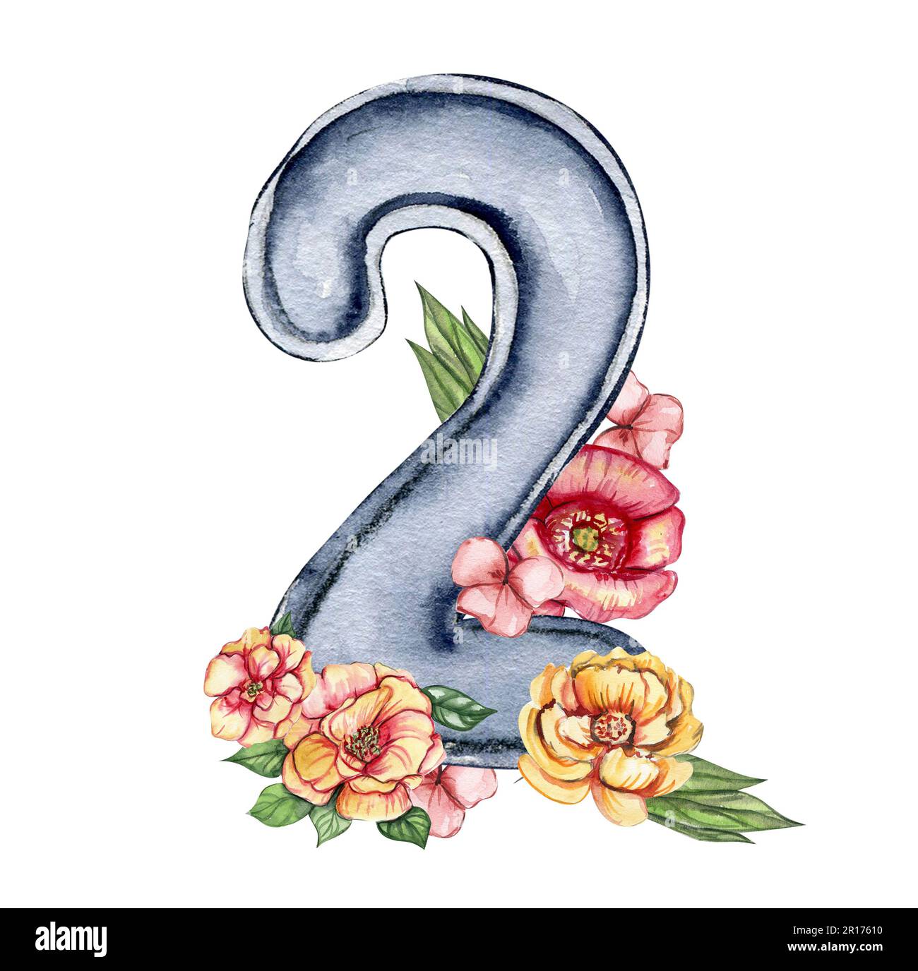 Watercolor hand drawn numbers and flowers composition. Illustration of ...