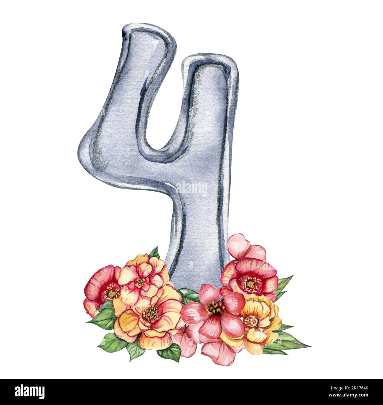 Watercolor hand drawn numbers and flowers composition. Illustration of ...
