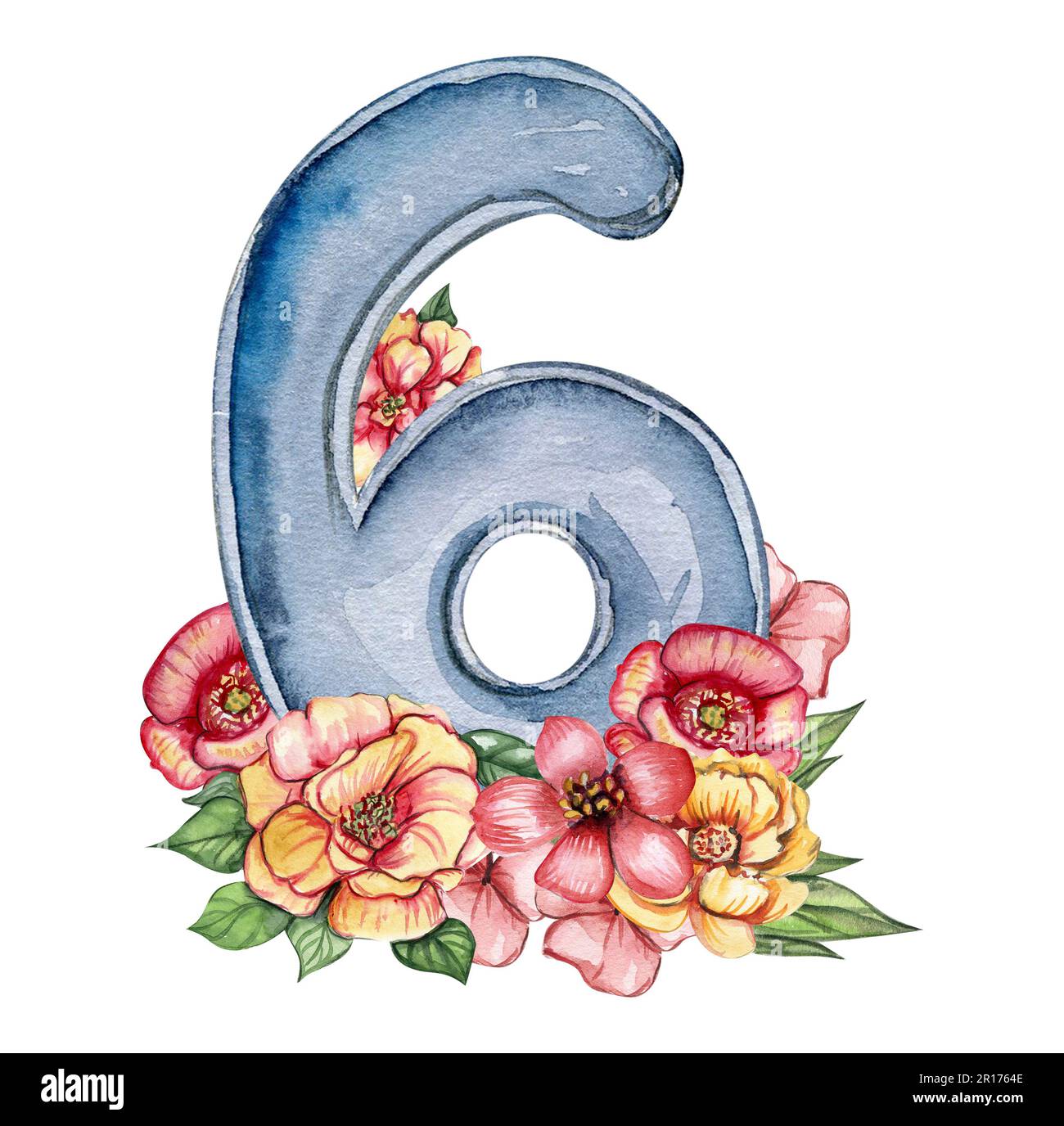 Watercolor hand drawn numbers and flowers composition. Illustration of ...