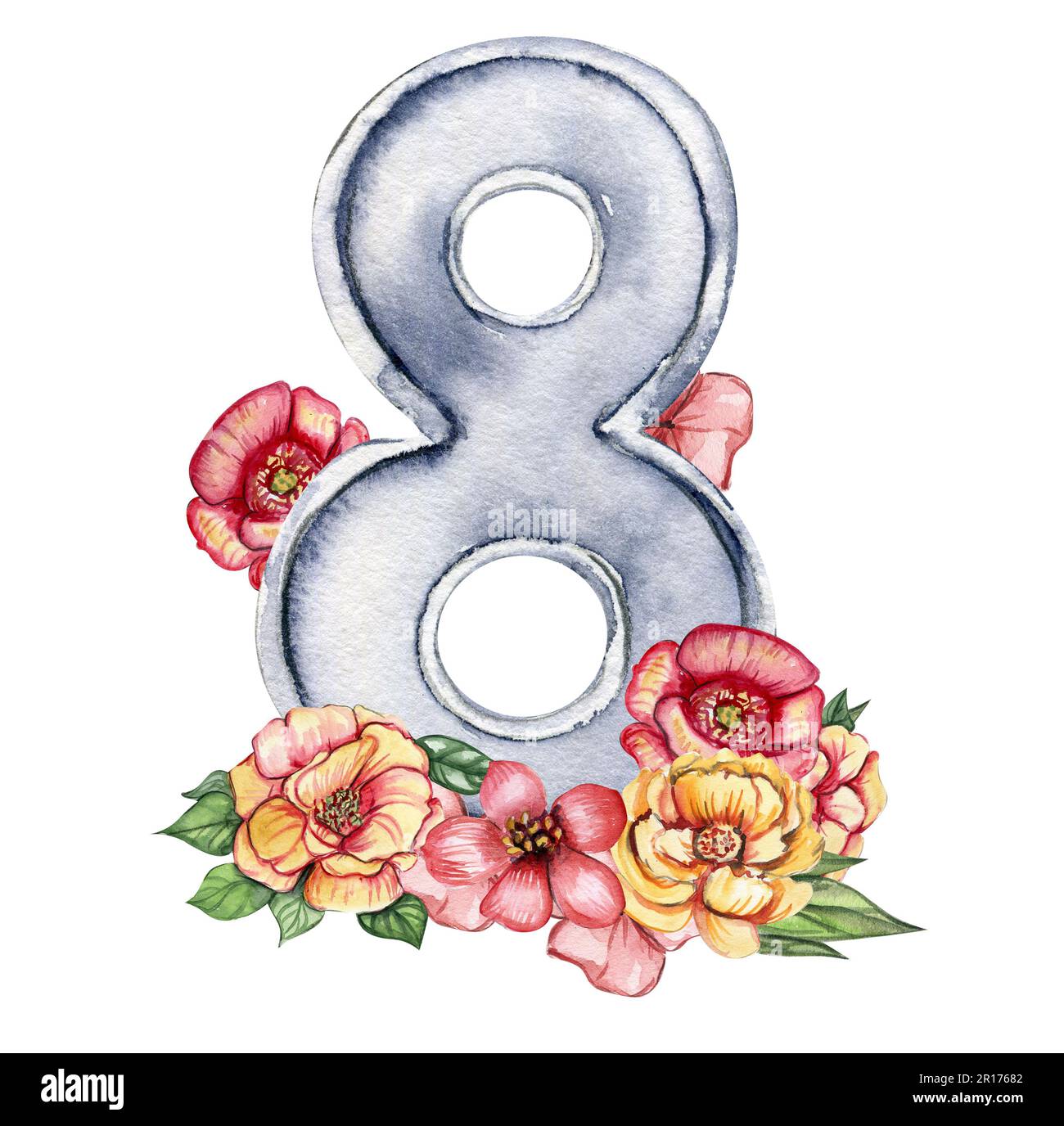 Watercolor hand drawn numbers and flowers composition. Illustration of ...