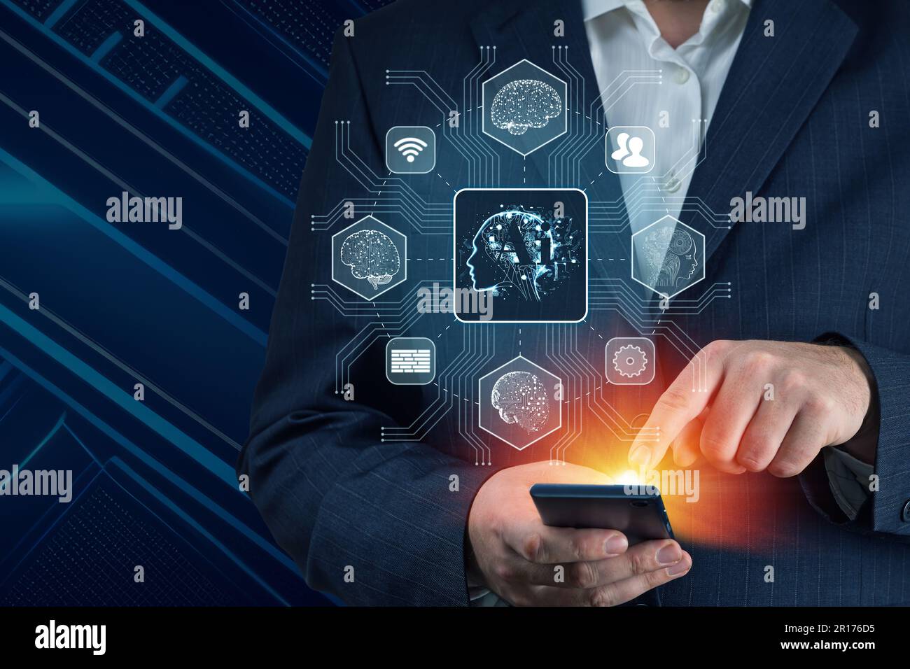 AI, Chat bot and future marketing concept, businessman hand holding ...