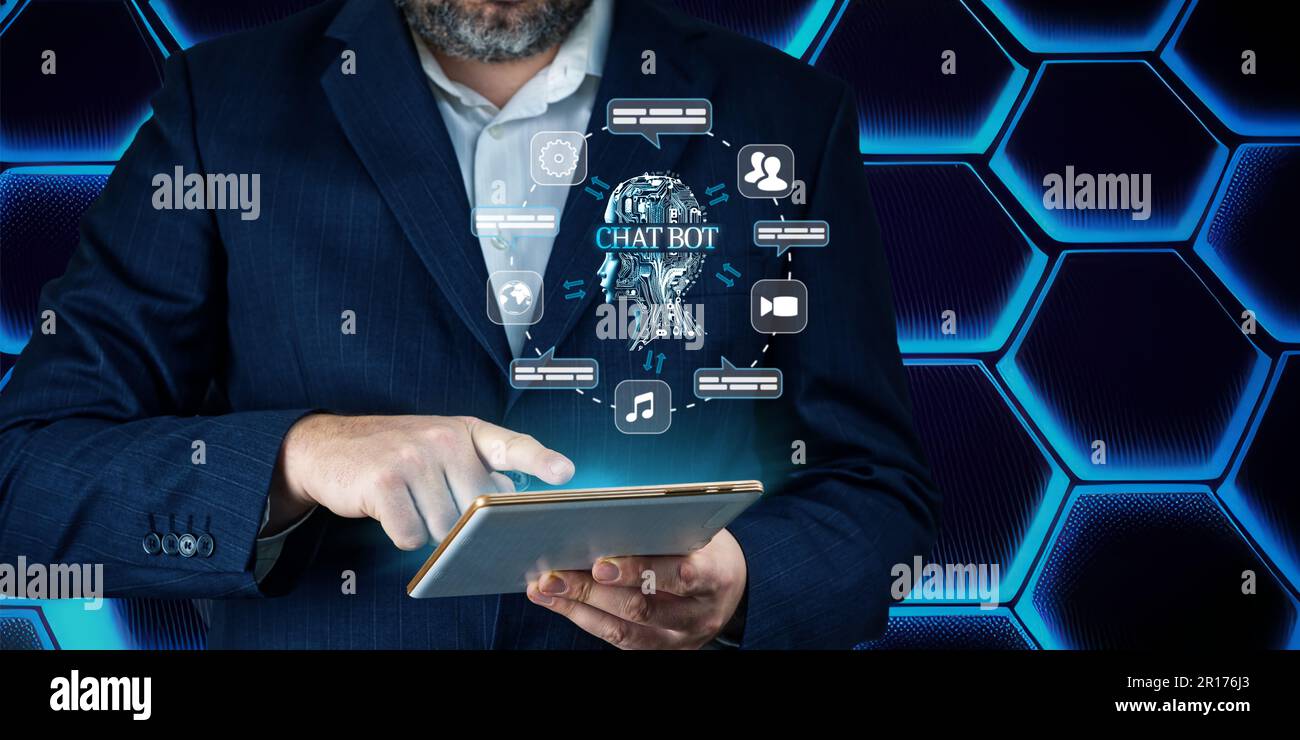 Artificial intelligence, AI chat bot concept. Businessman hands using tablet. ai chatbot ...
