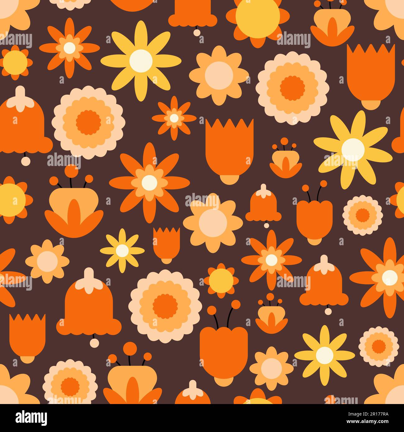 Retro flowers seamless pattern in 70s style. Vector hand drawn ornament ...