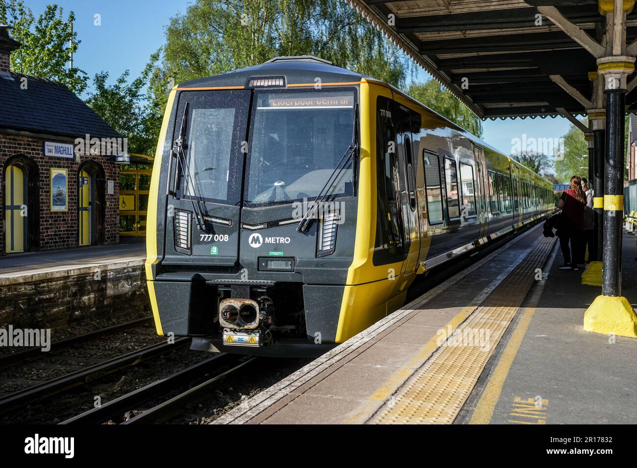 A new train Class 777 for Merseyrail service arrives at Maghull Station ...