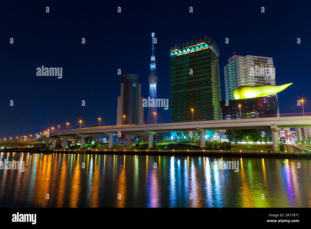 Sky Tree Illuminated and Sumida River night view Stock Photo - Alamy