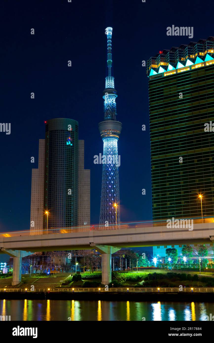 Sky Tree Illuminated and Sumida River night view Stock Photo - Alamy