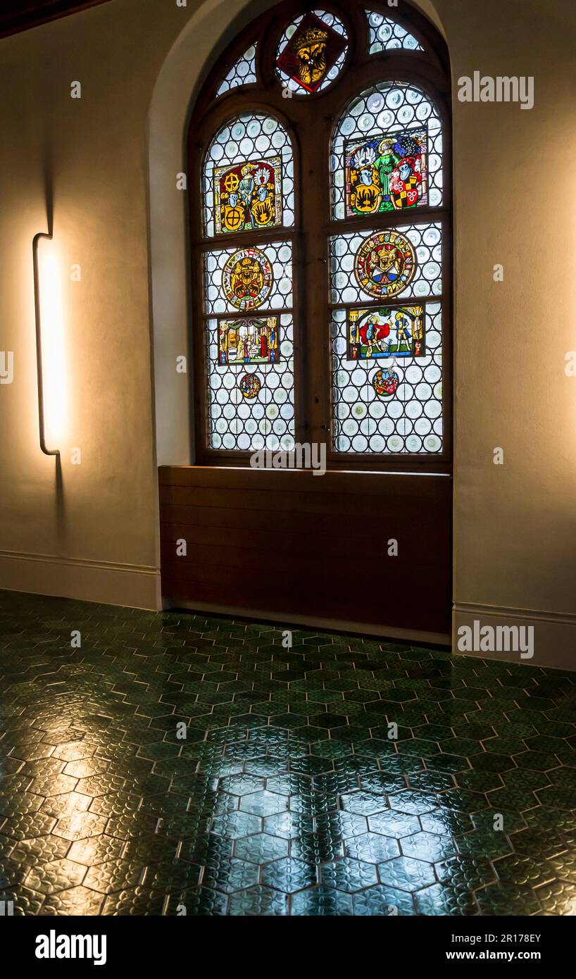 Room with stained glass windows, Swiss National Museum, Zurich ...