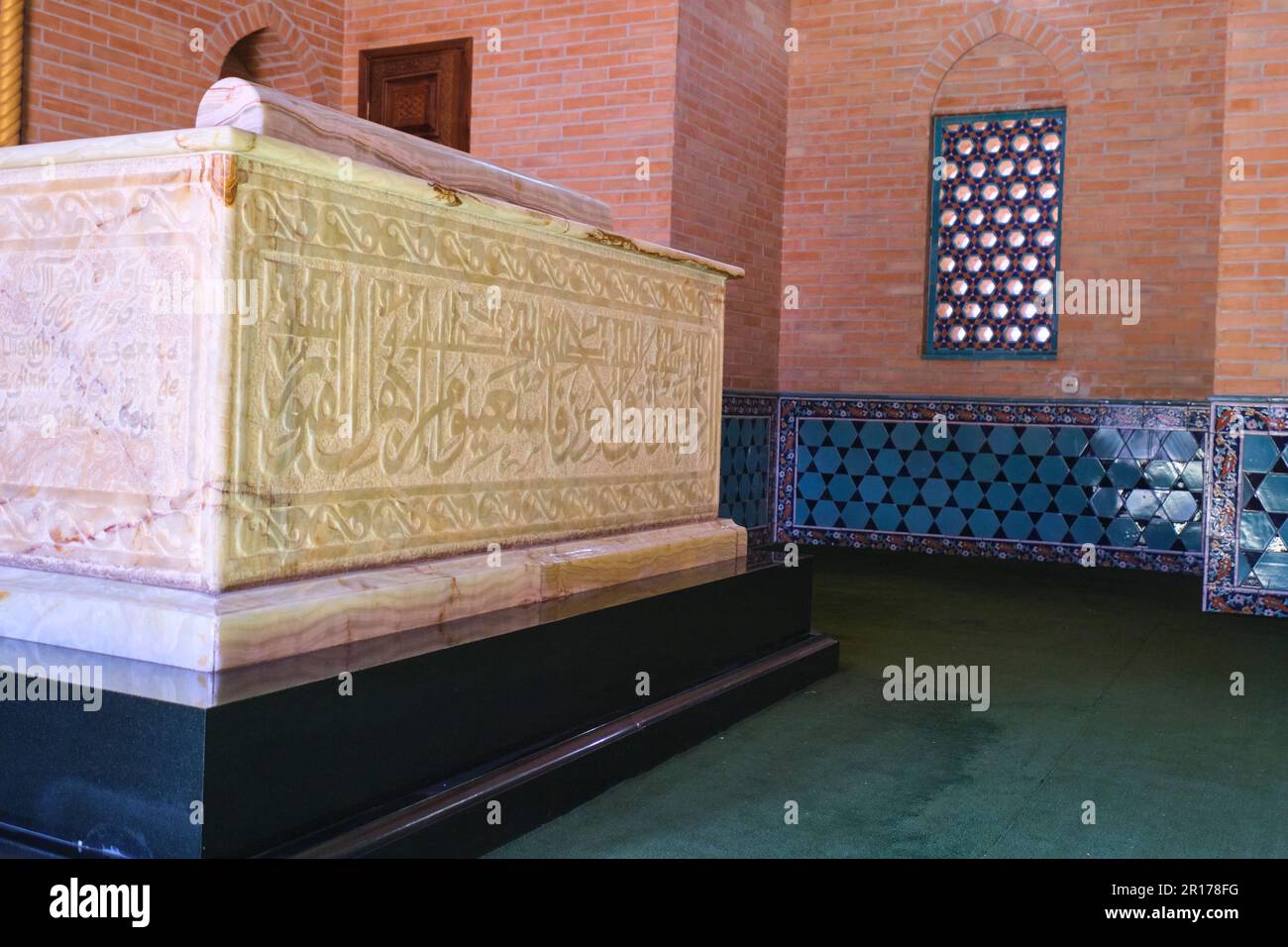 Interior view of white marble tomb, grave with elaborate tile work on ...