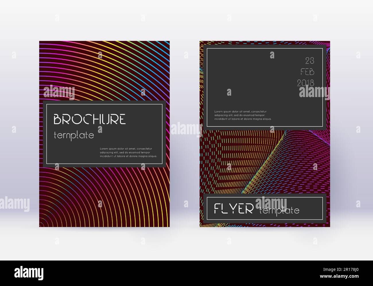 Black cover design template set. Rainbow abstract lines on wine red ...