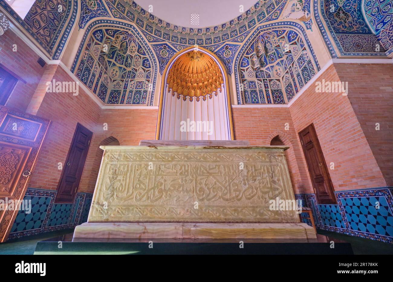 Interior view of white marble tomb, grave with elaborate tile work on ...