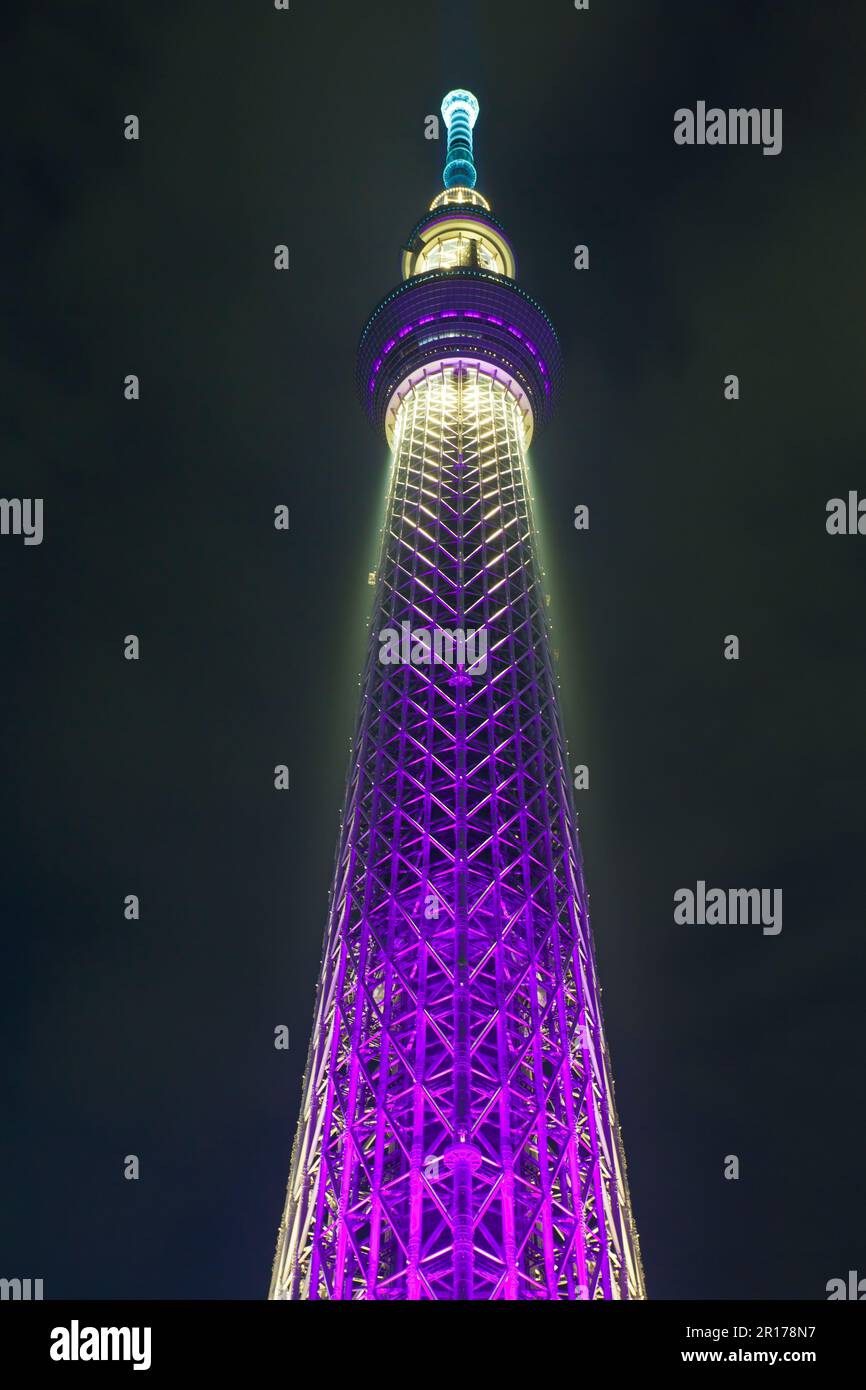 Tokyo sky tree illumination seen from Edo purple color Stock Photo - Alamy