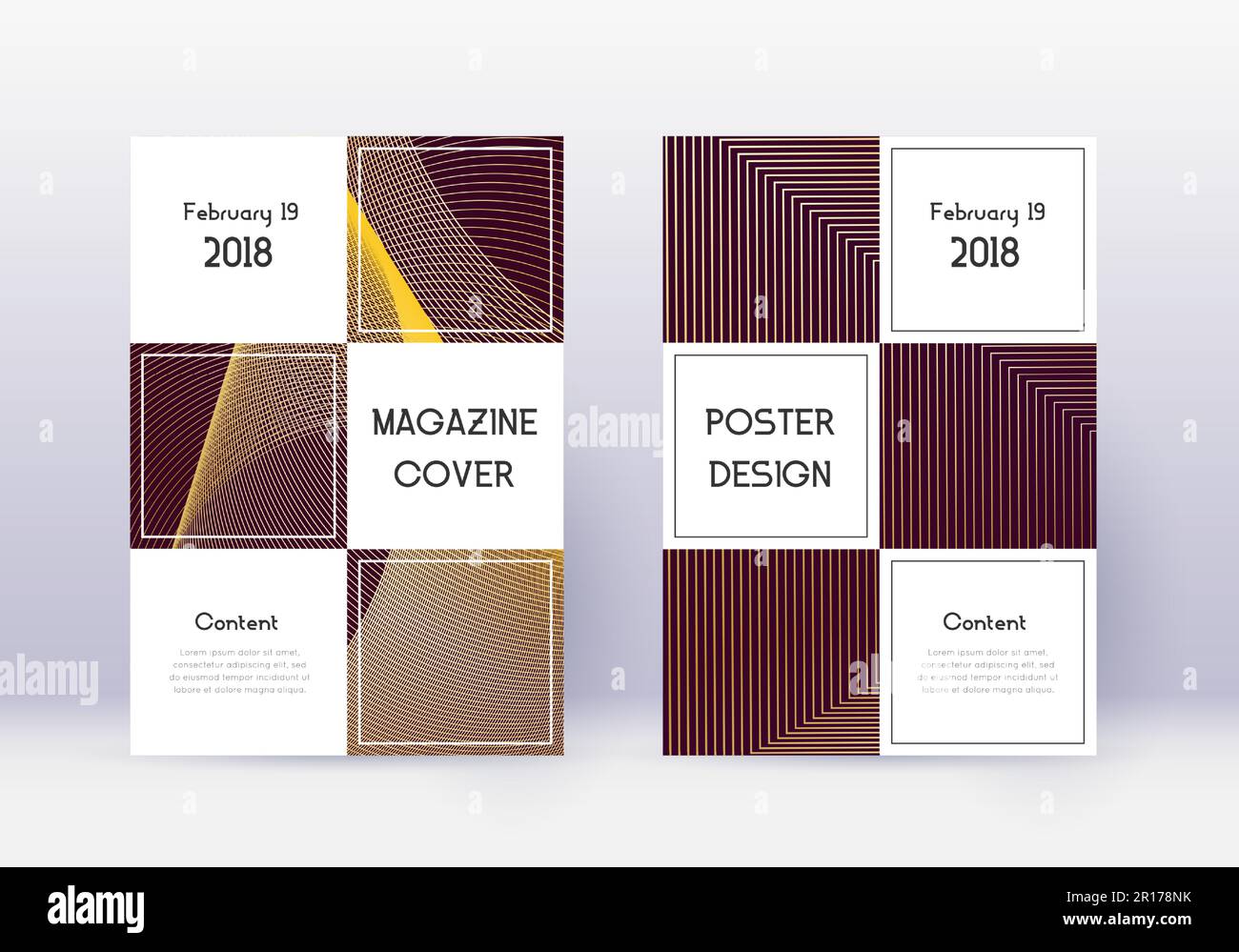 Business cover design template set. Gold abstract lines on maroon ...