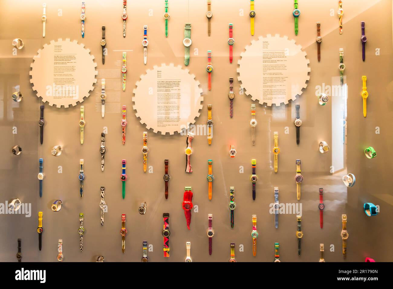 Display of modern watches Swiss National Museum, Zurich, Switzerland ...