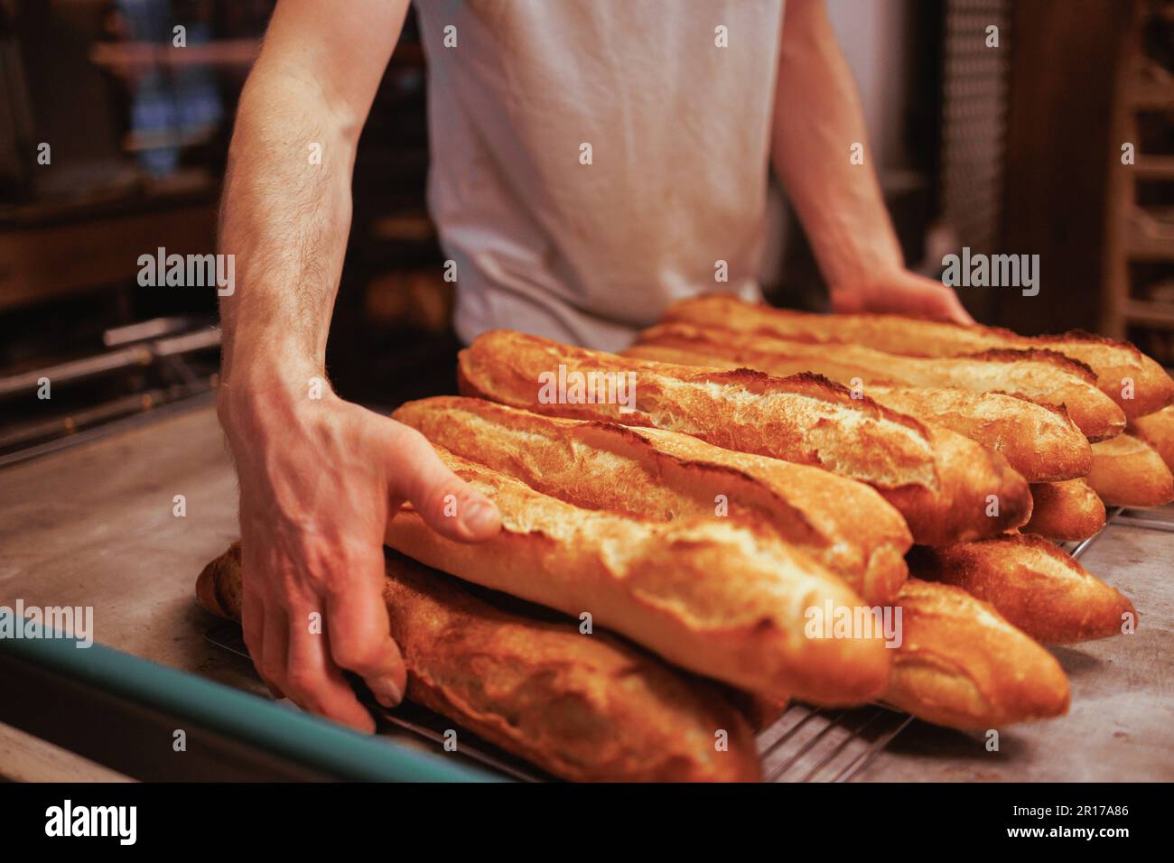 A baker working in the kitchen, preparing loaves of bread Stock Photo ...