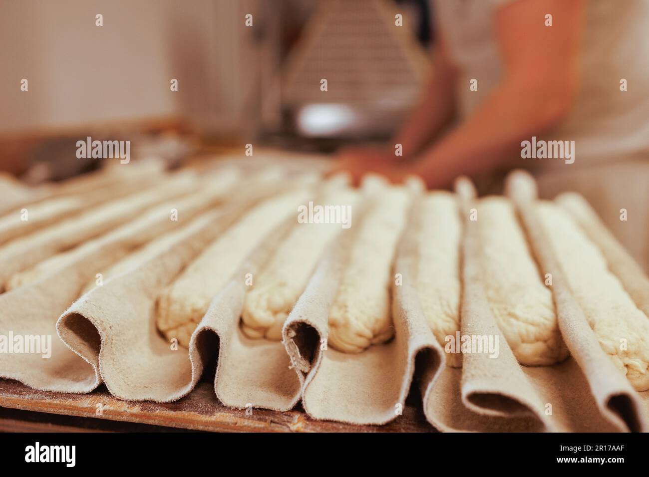 A baker working in the kitchen, preparing loaves of bread Stock Photo ...