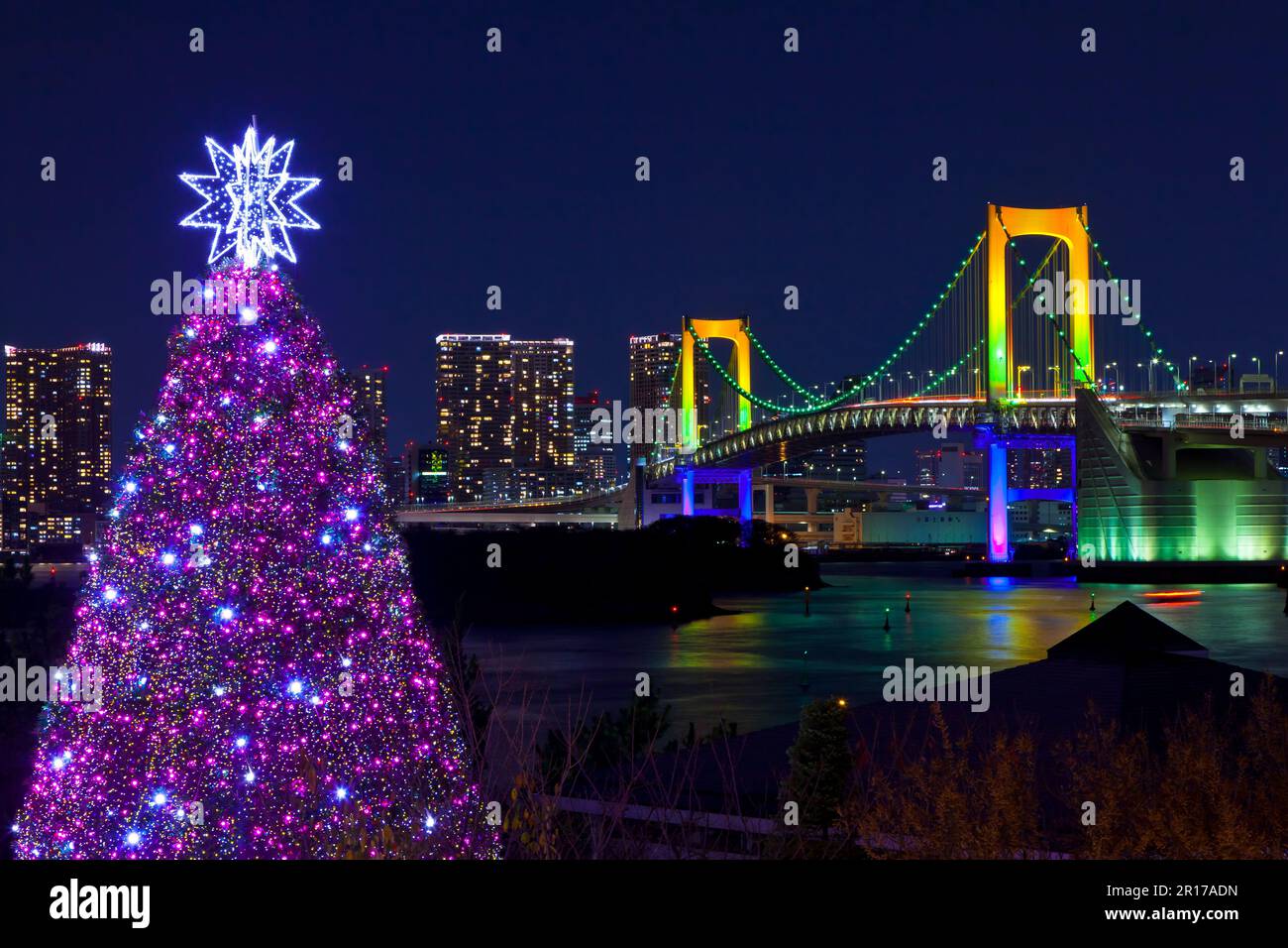 Lighted up Rainbow Bridge and Christmas tree Stock Photo - Alamy