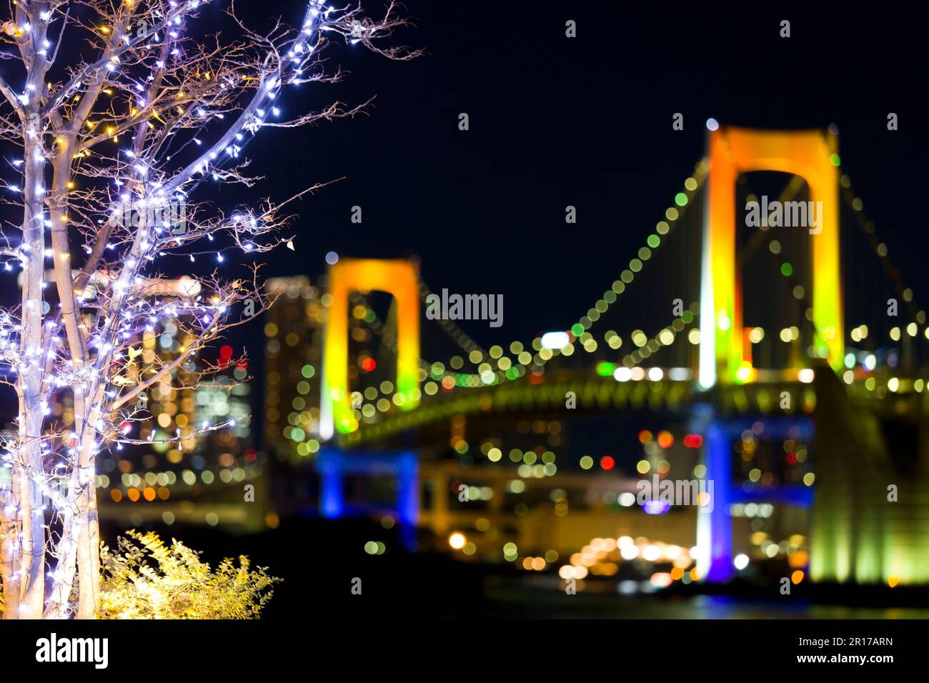 Lit up Rainbow Bridge and illuminations Stock Photo - Alamy