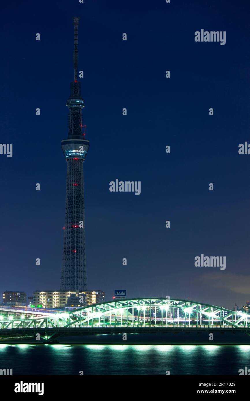 Tokyo Sky Tree, Shirahige Bridge and Sumida River at night Stock Photo ...