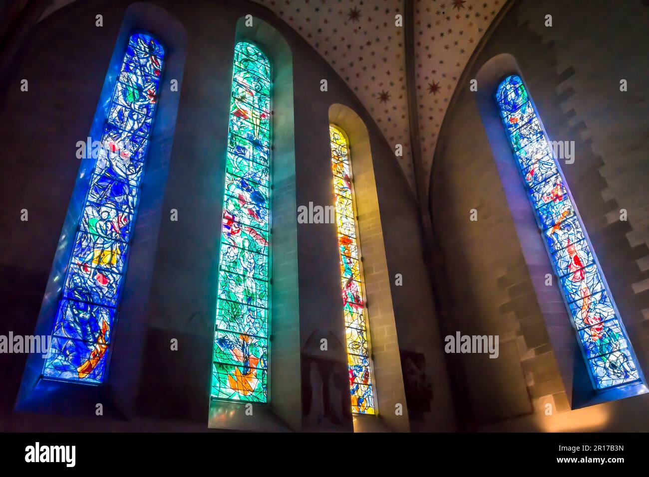 Stained glass windows in the choir by Marc Chagall, Fraumunster church ...