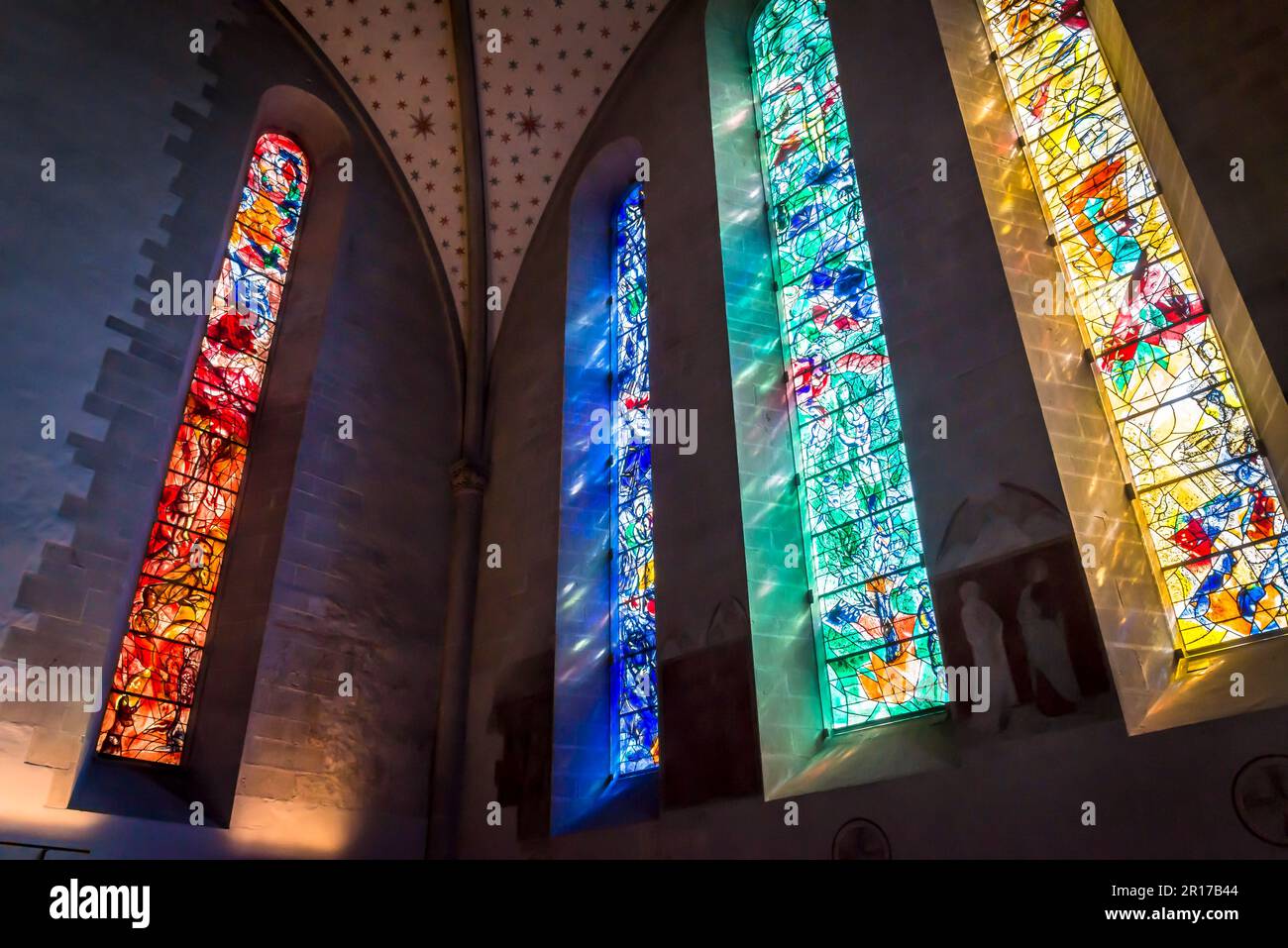 Stained glass windows in the choir by Marc Chagall, Fraumunster church ...