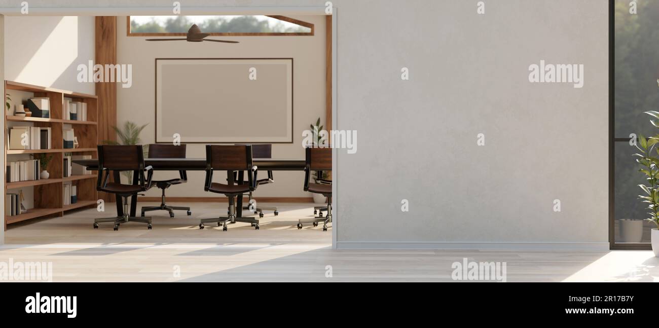 Comfortable meeting room with meeting table, empty board on wall ...
