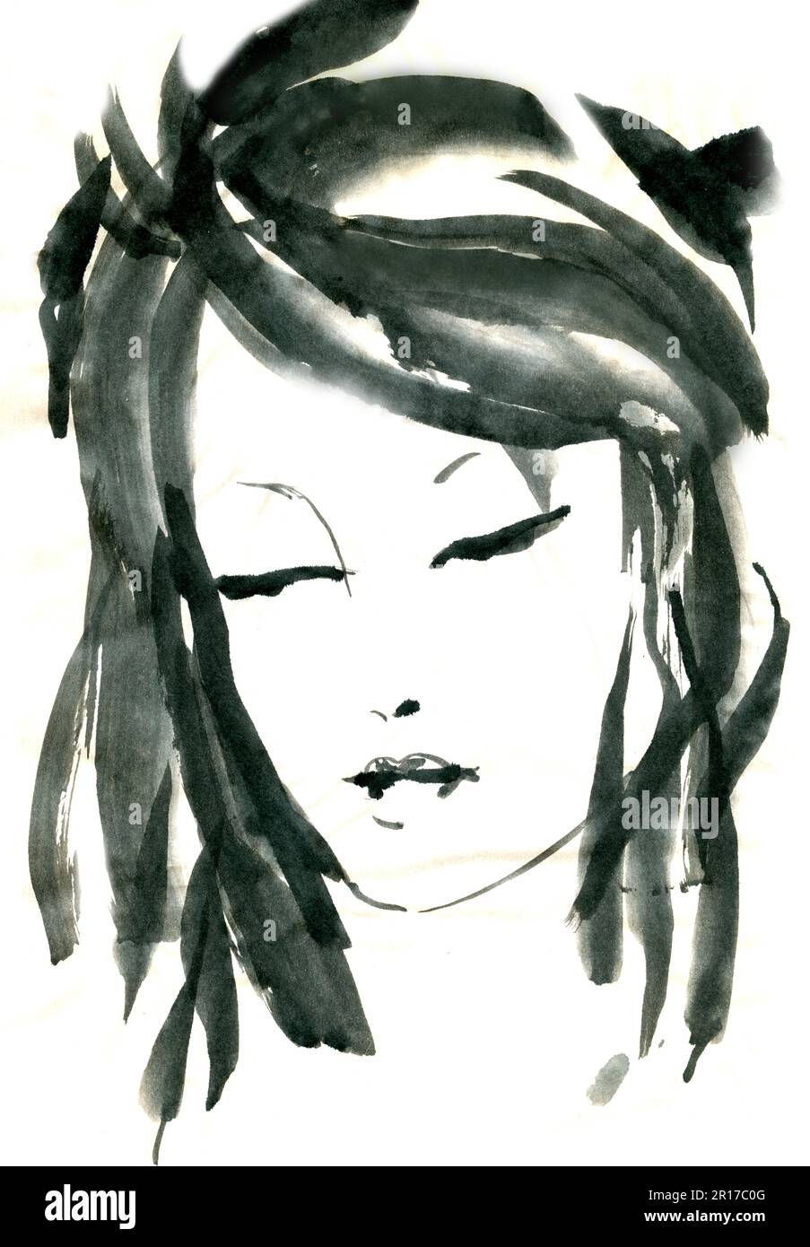 Young Japanese girl. Ink illustration in simple minimalist style on ...