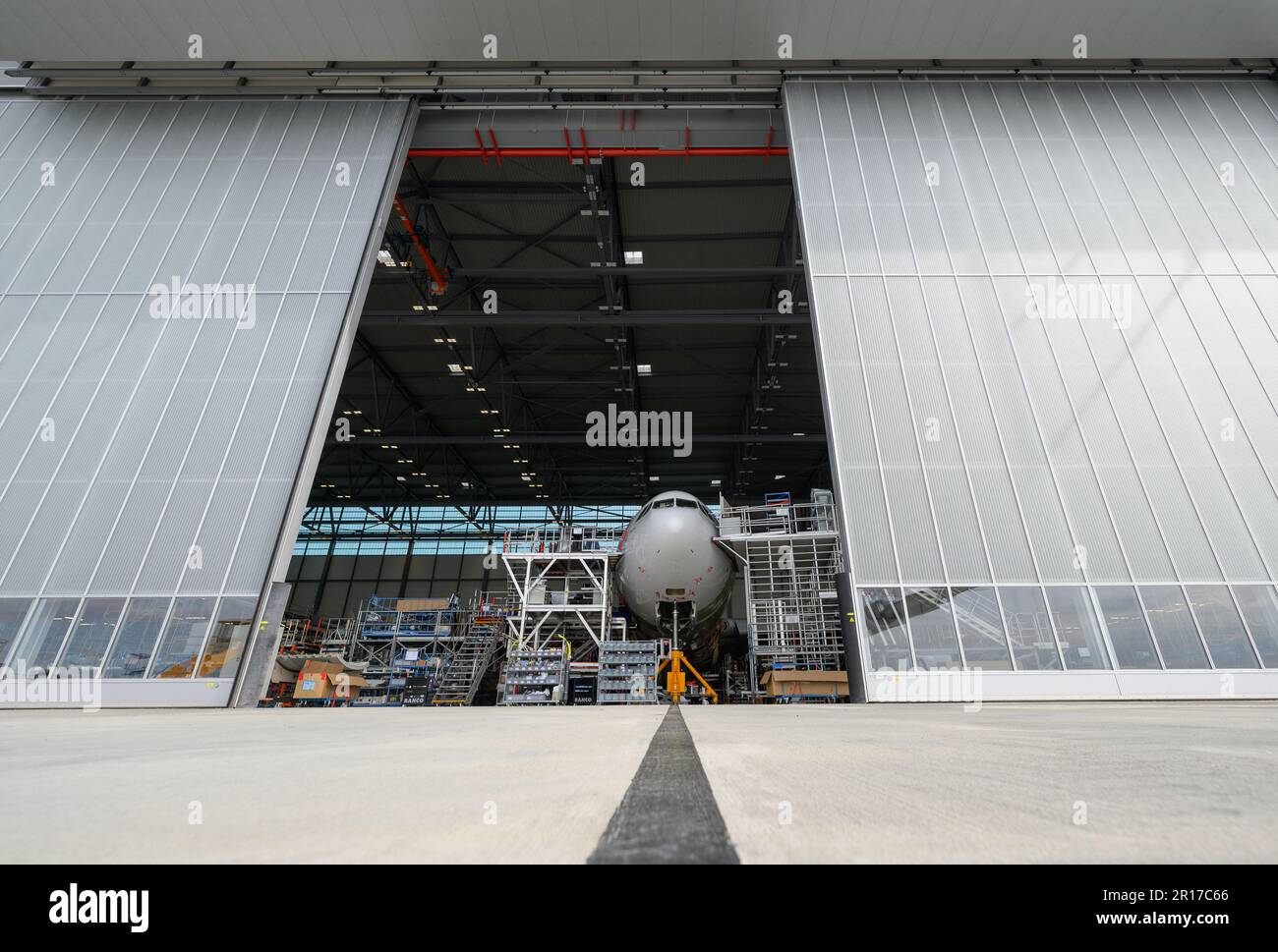 Dresden, Germany. 10th May, 2023. Airbus A300 stands in a hangar of EFW ...