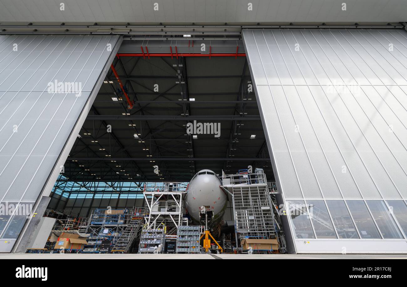 Dresden, Germany. 10th May, 2023. Airbus A300 stands in a hangar of EFW ...