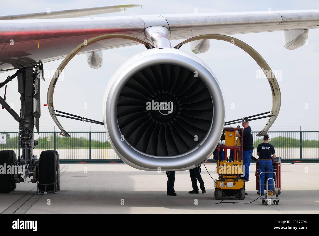 Dresden, Germany. 10th May, 2023. Employees of EFW Elbe Flugzeugwerke GmbH, work on the engine ...