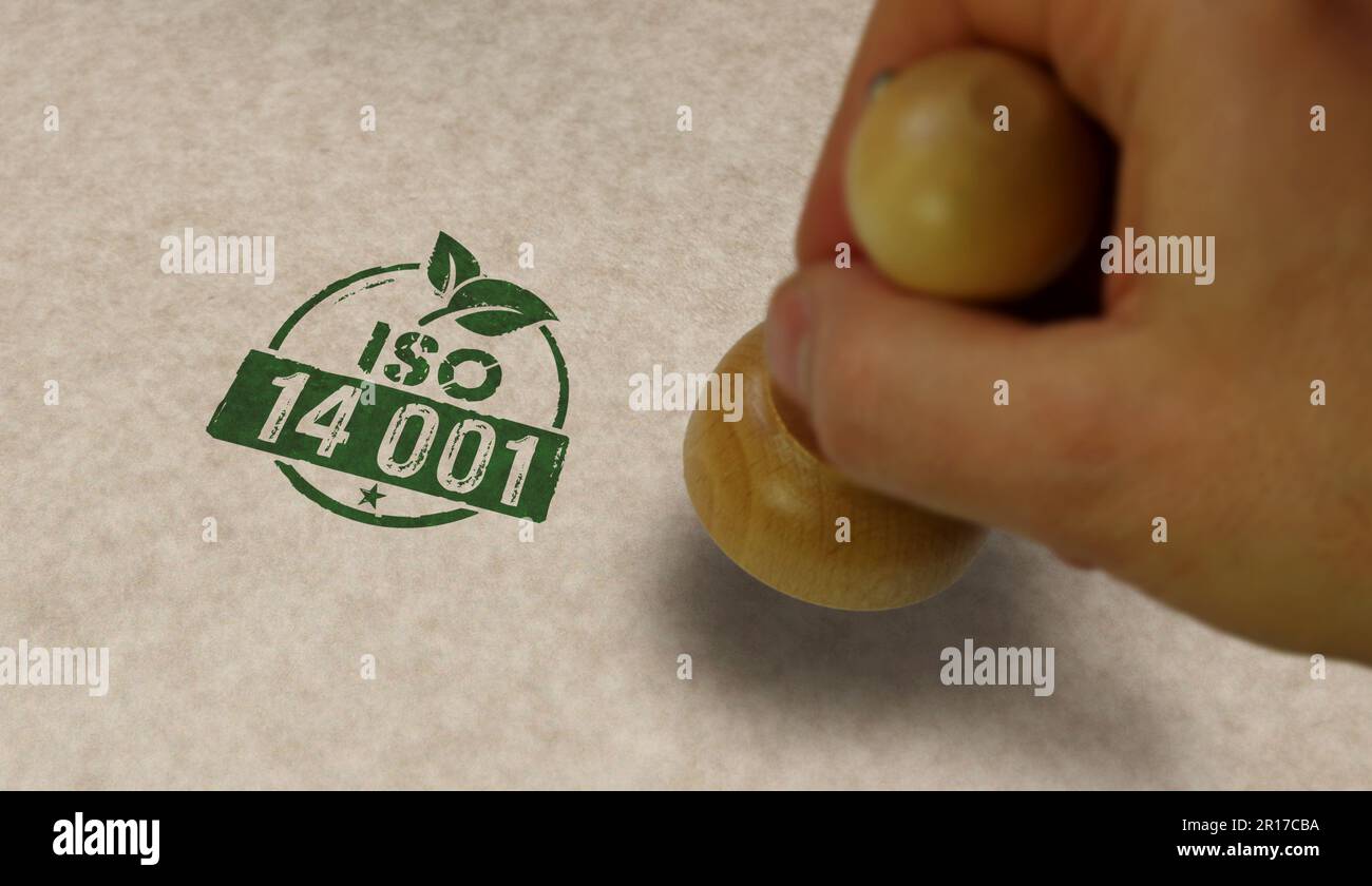 ISO 14001 certified stamp and stamping hand. Environment ecology ...